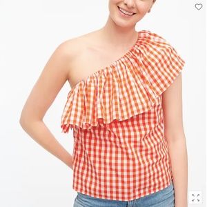J. Crew Factory | Tops | J Crew Gingham Oneshoulder Top Cotton Poplin Ruffle In Orange White ...